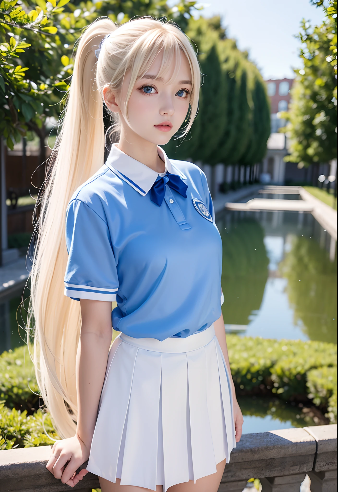 Arafed blonde haired girl with long hair in a blue shirt and white skirt - SeaArt AI