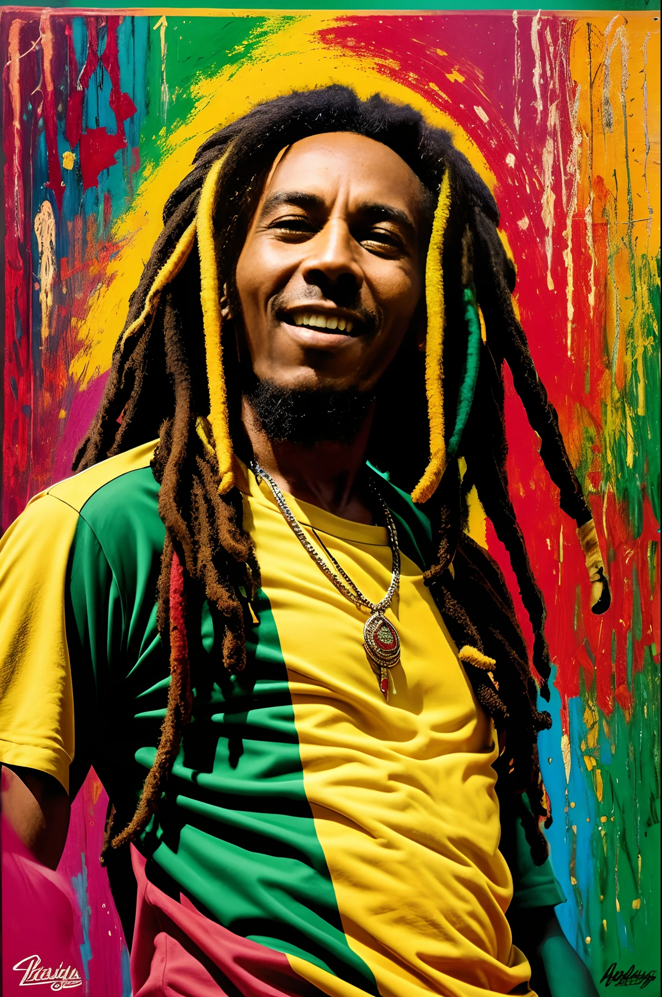 Arafed man with dreadlocks and a yellow shirt in front of a colorful ...