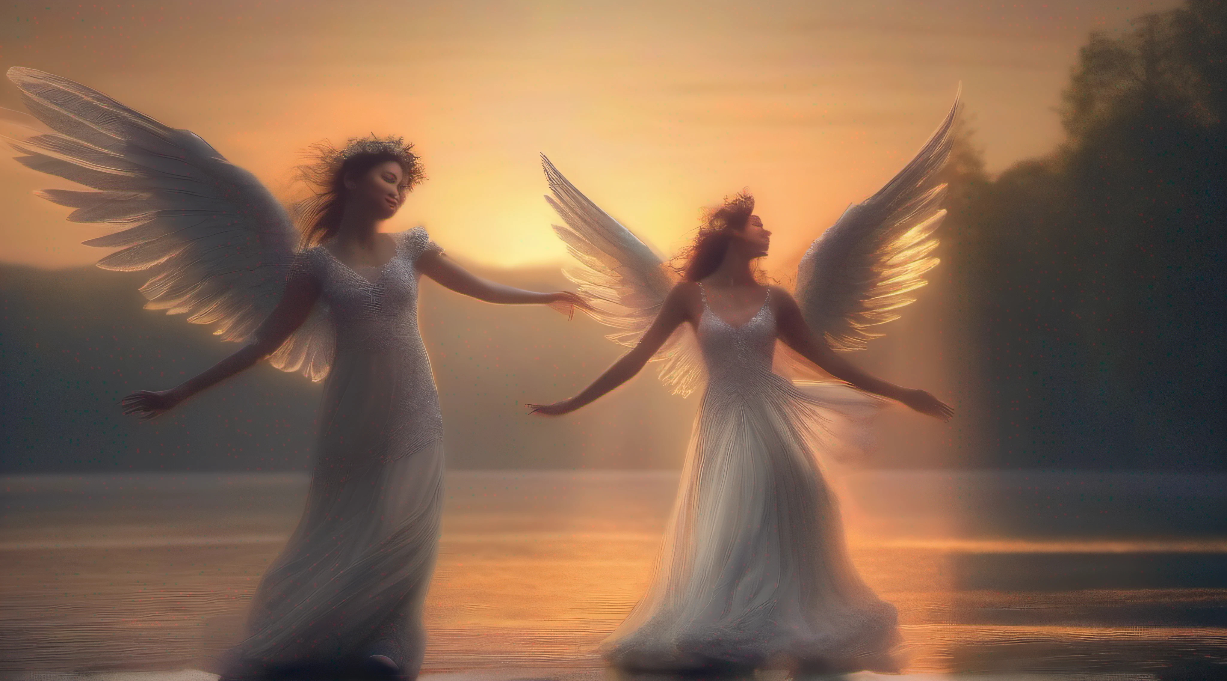 Two angels are standing in the water with their arms outstretched ...