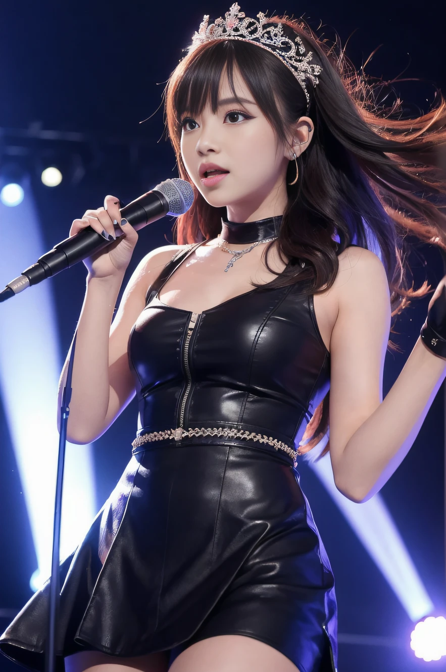 A woman in a black dress and a crown on stage - SeaArt AI