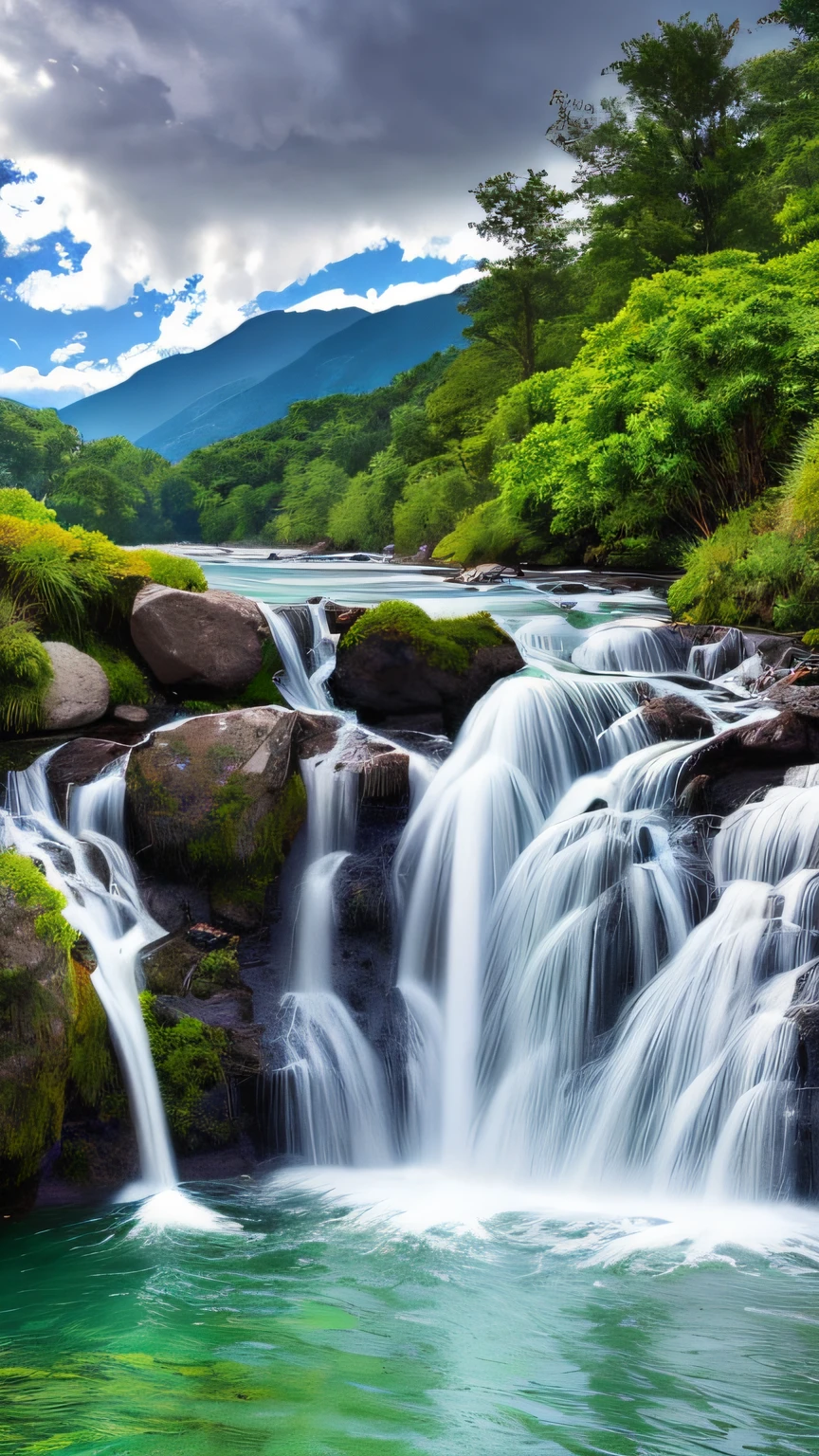 Painting of a waterfall in the middle of a forest with a mountain in ...