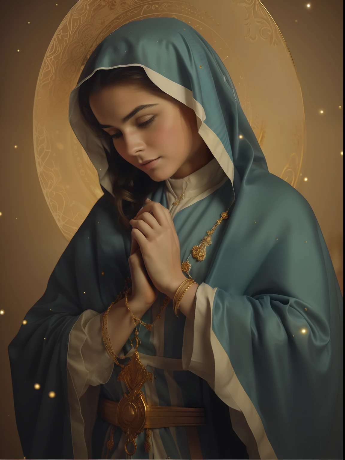 A close up of a woman in a blue robe holding a rosary - SeaArt AI