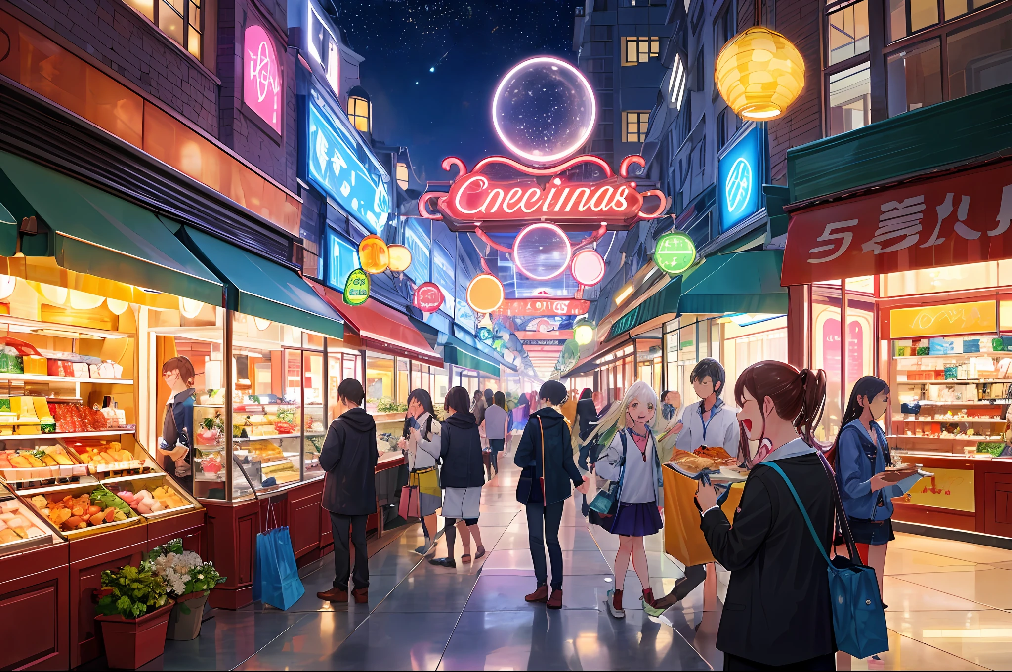 People walking down a busy street in a city at night - SeaArt AI