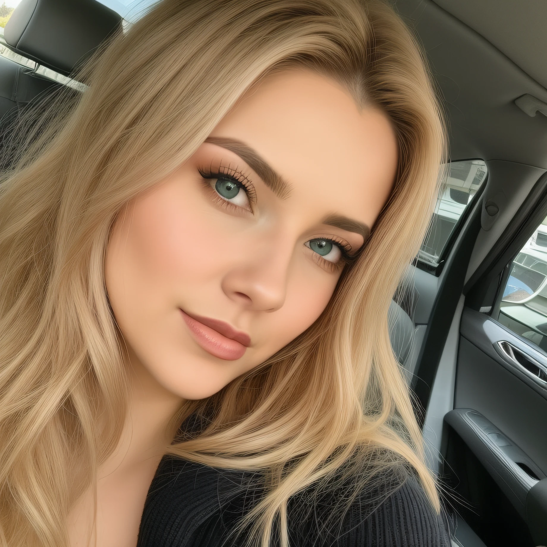 A woman with long blonde hair and blue eyes sitting in a car - SeaArt AI