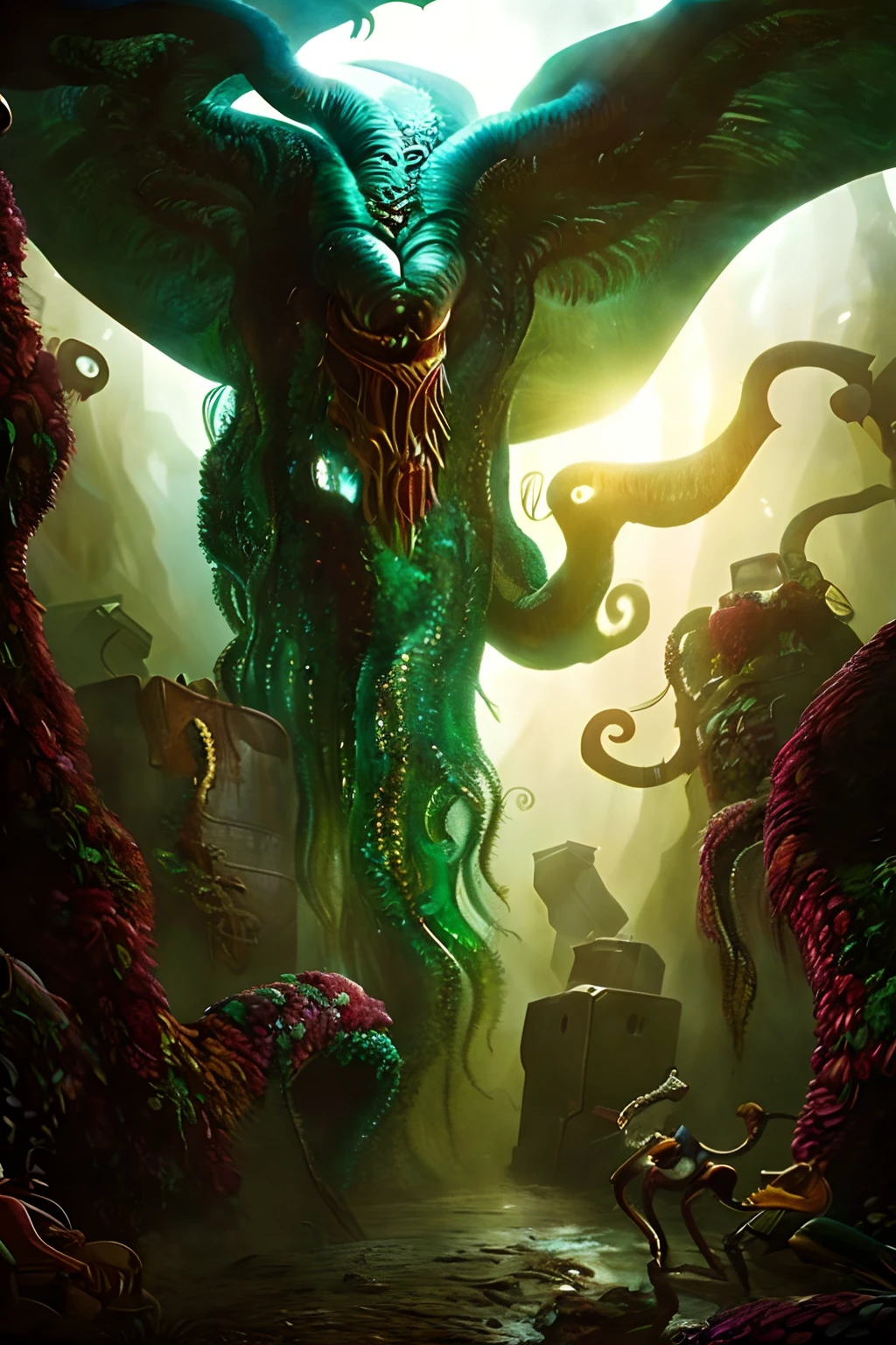 A close up of a giant monster with a man in a cave - SeaArt AI