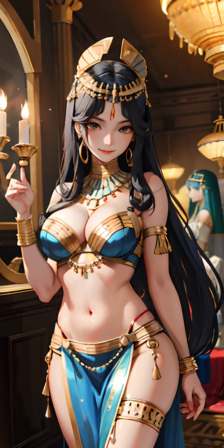 A woman in a blue bikini and gold jewelry holding a candle - SeaArt AI