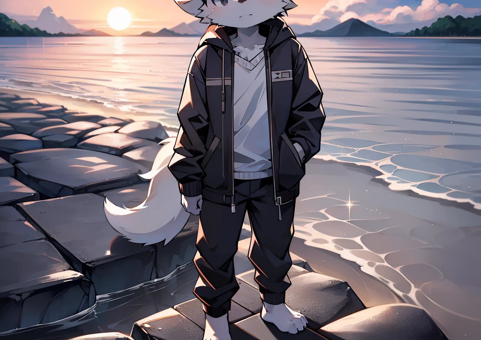 Anime boy standing on a rock by the water with a sunset in the ...