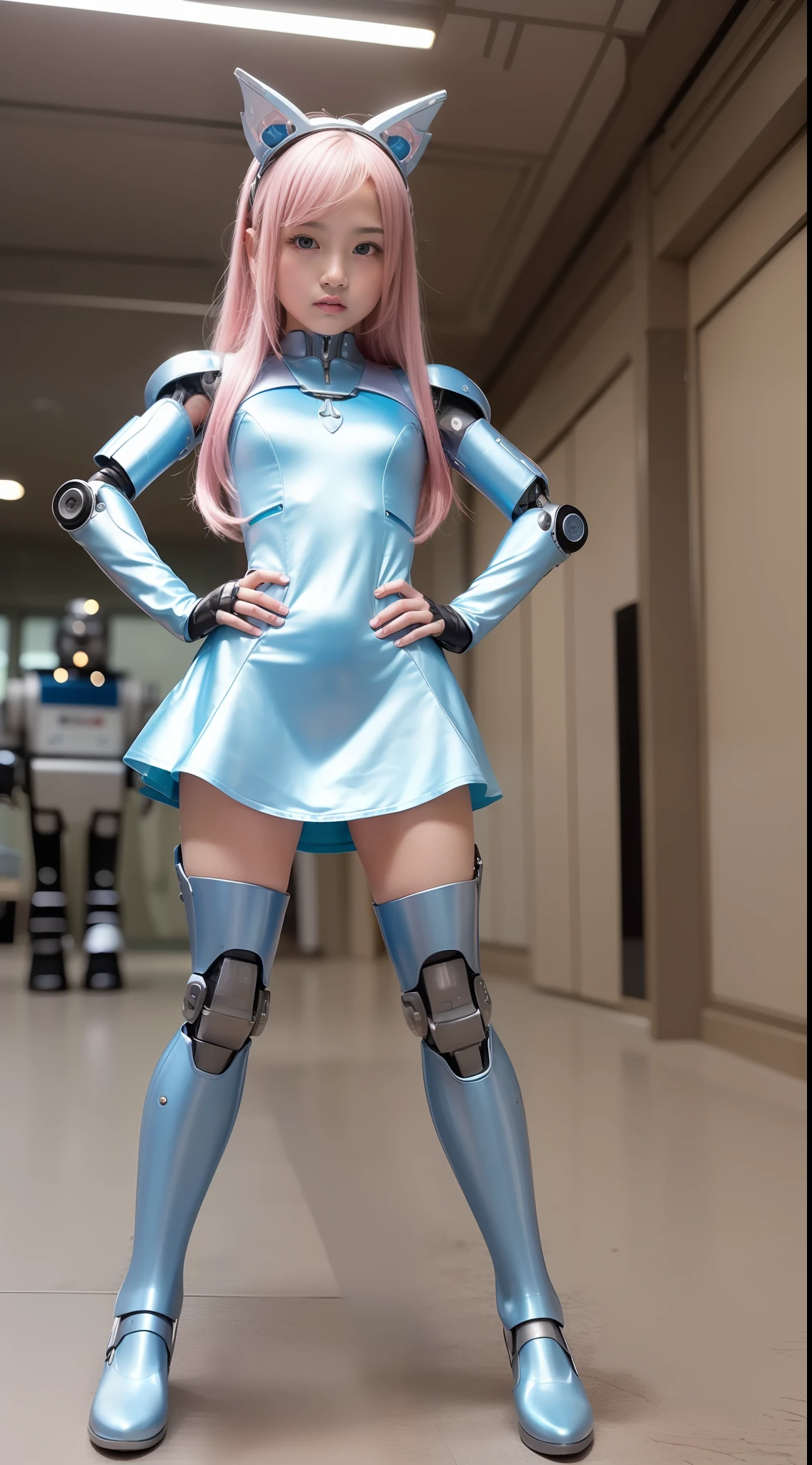 A close up of a woman in a blue dress and cat ears - SeaArt AI