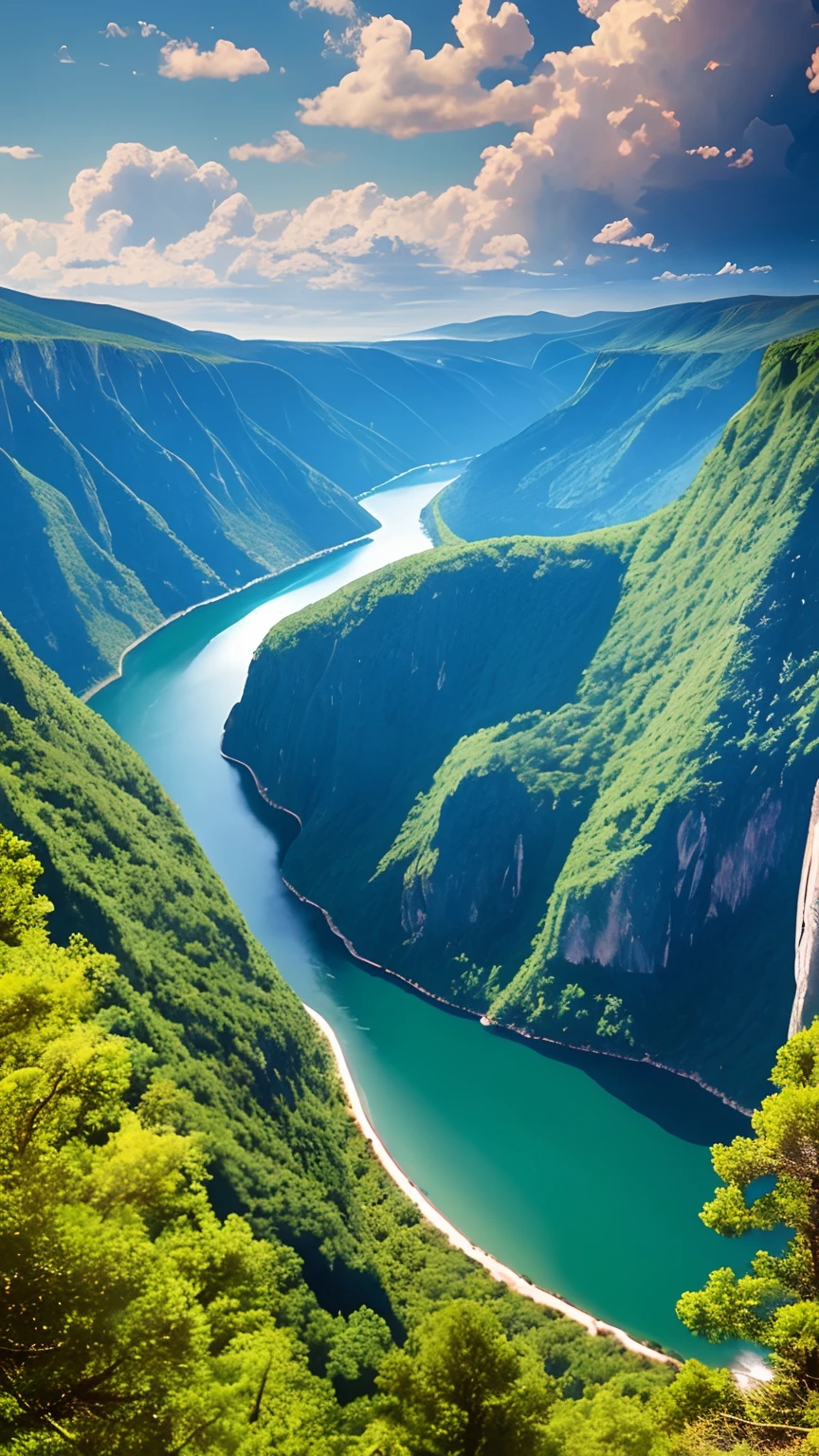 A view of a river flowing through a lush green valley - SeaArt AI
