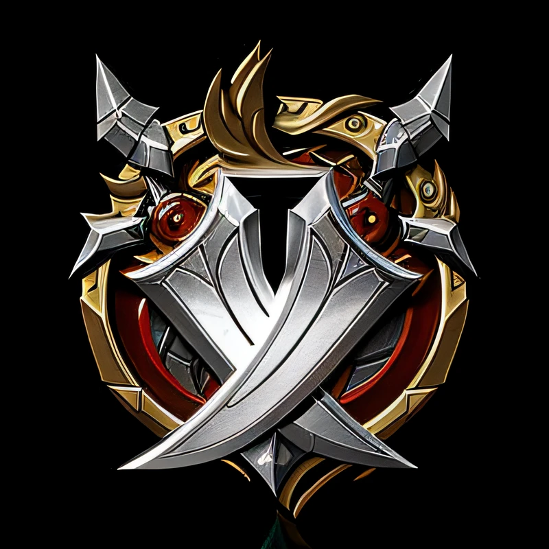 A close up of a metal and gold emblem with two swords - SeaArt AI