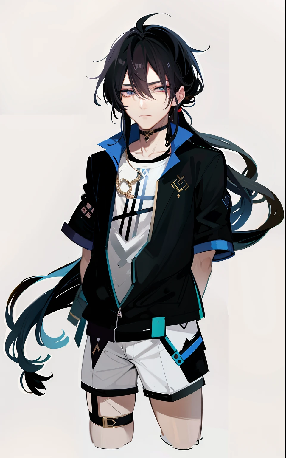 Anime boy with long black hair and blue eyes wearing a black jacket ...