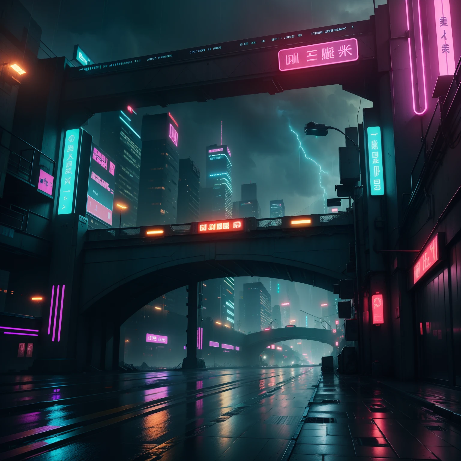 A dark city street with neon lights and a bridge - SeaArt AI