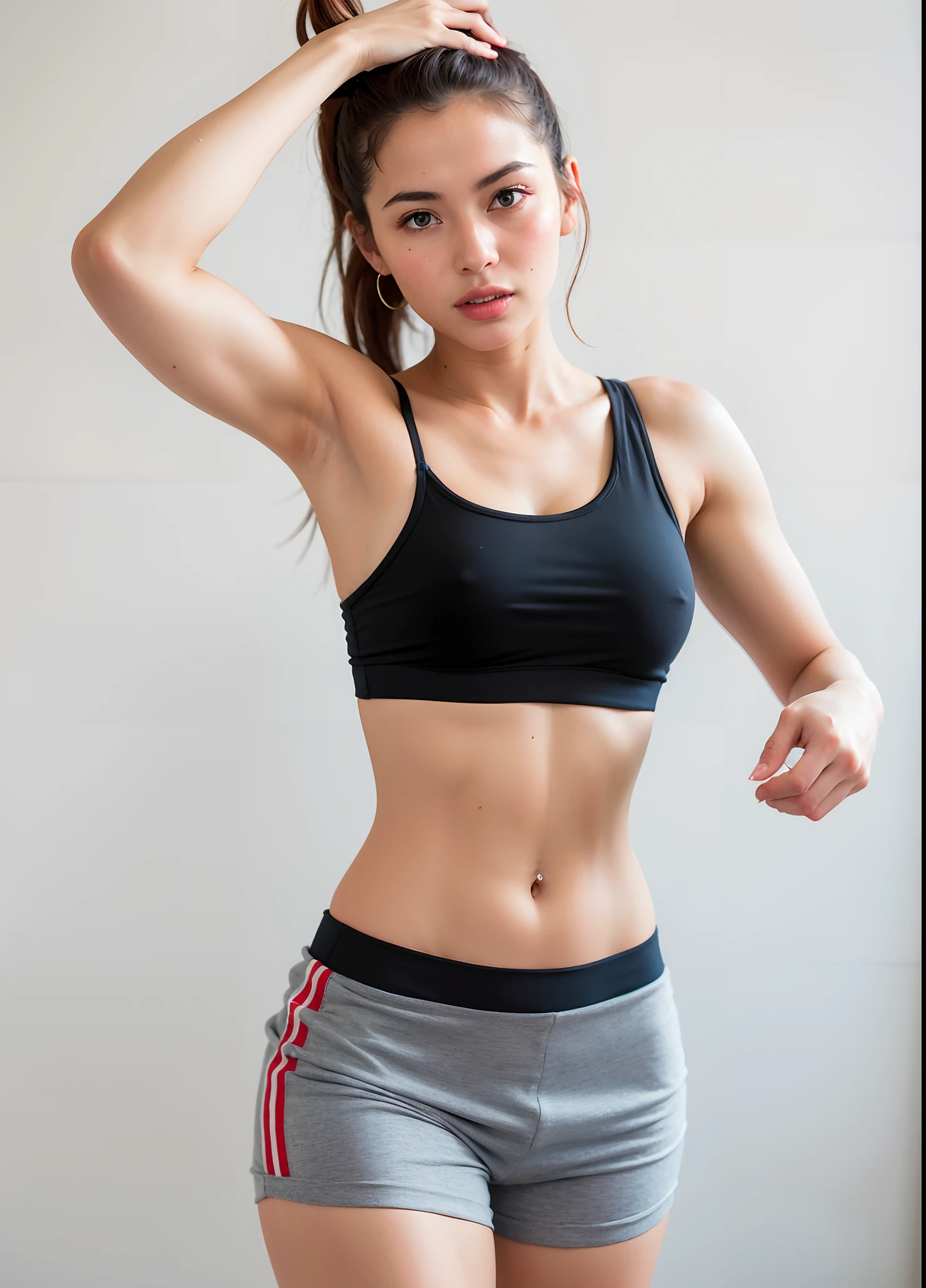 Arafed woman in a black sports bra top and grey shorts - SeaArt AI