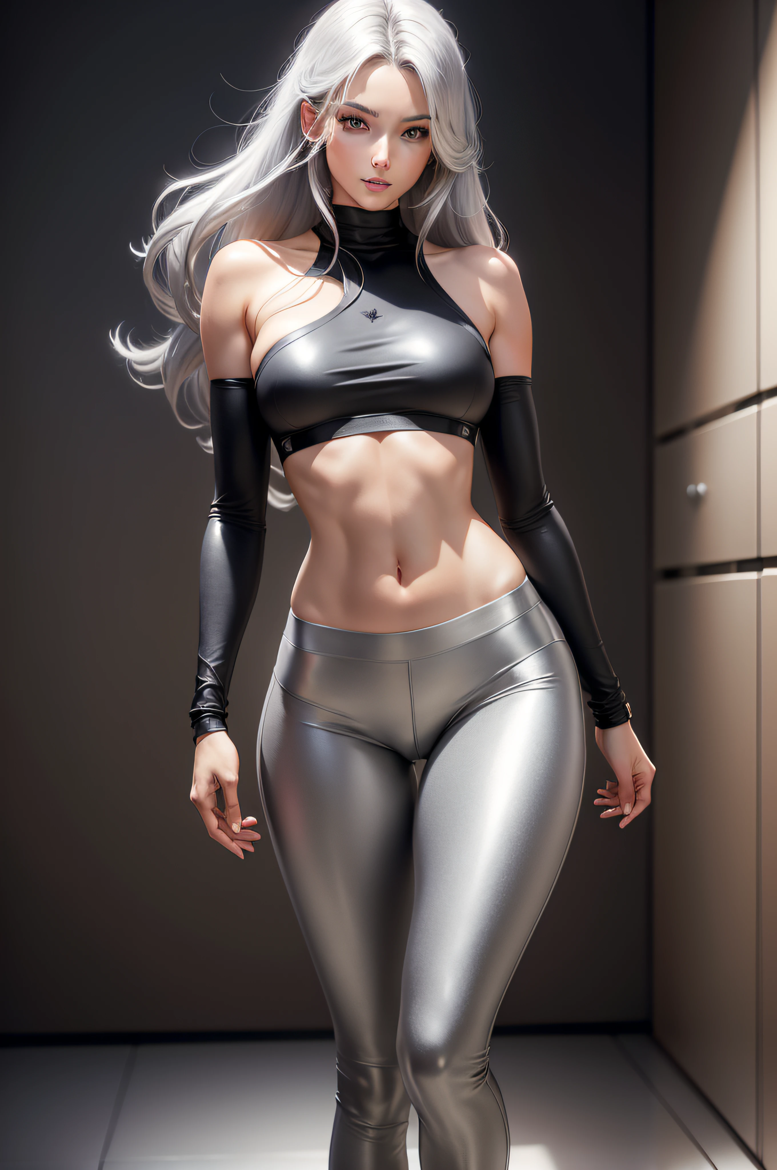 A woman in a shiny silver outfit posing for a picture - SeaArt AI