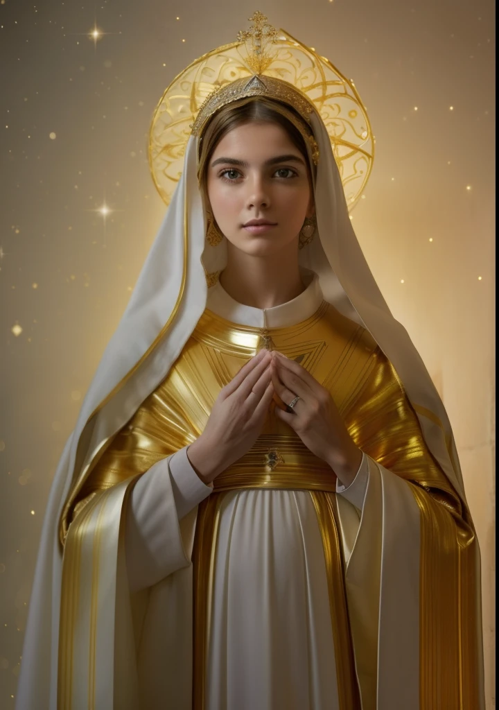 A woman in a white robe and gold crown holding a gold cup - SeaArt AI