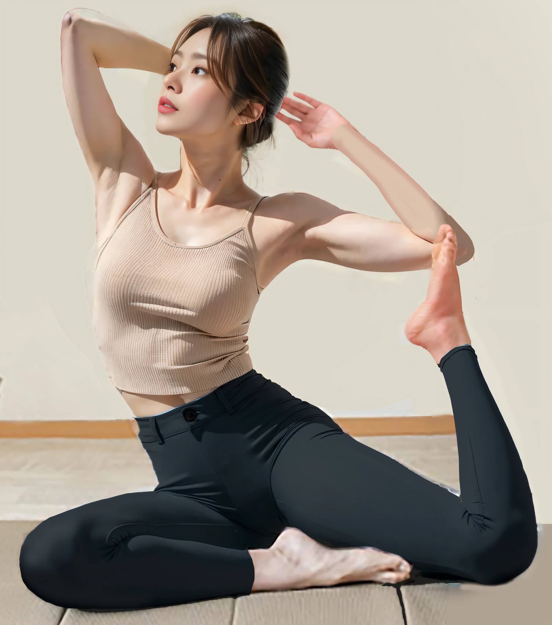 Woman sitting on the floor in a yoga pose with her arms behind her head ...