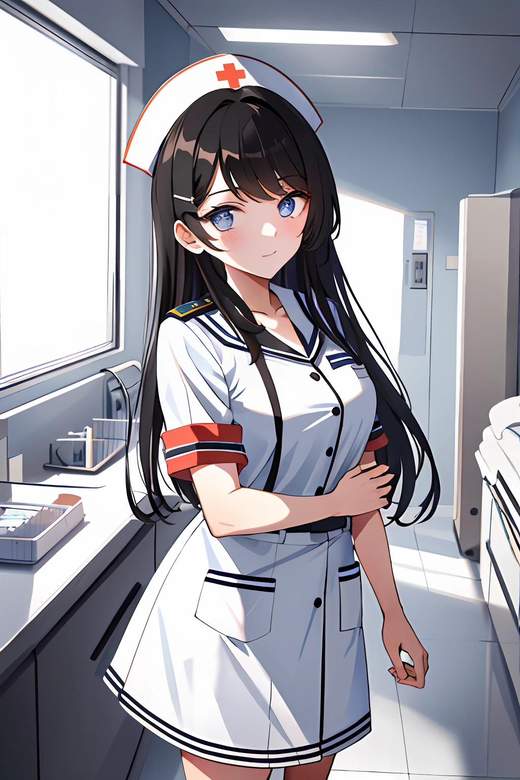 Anime girl in a nurse uniform standing in a hospital room - SeaArt AI