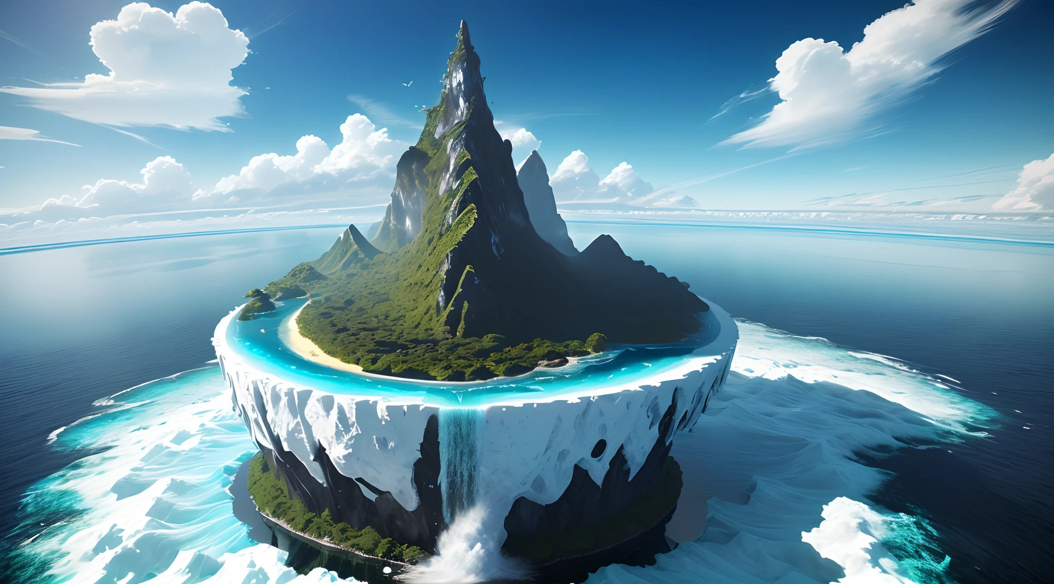 An island with a waterfall in the middle of it - SeaArt AI