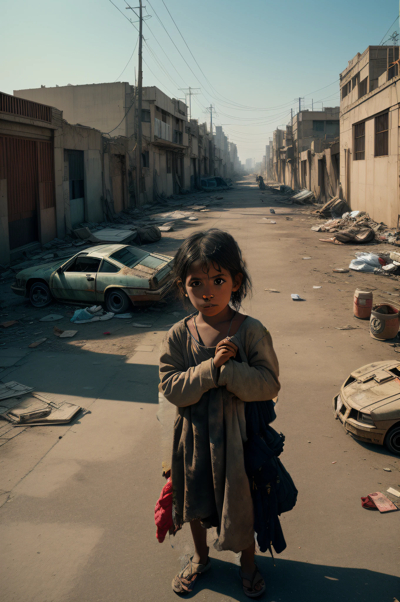 Arafed child standing in a street with cars and buildings in the ...