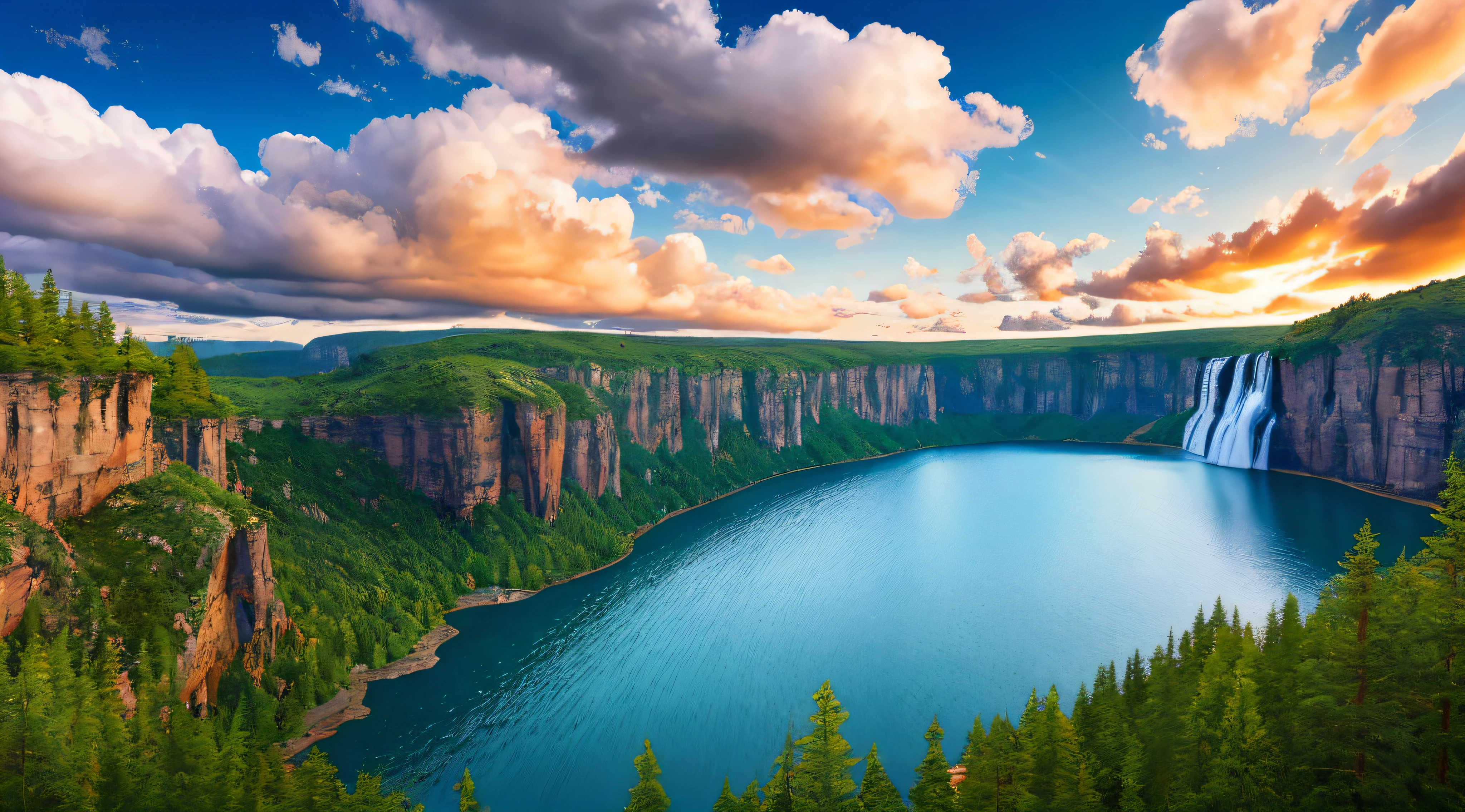 A view of a large body of water surrounded by trees - SeaArt AI