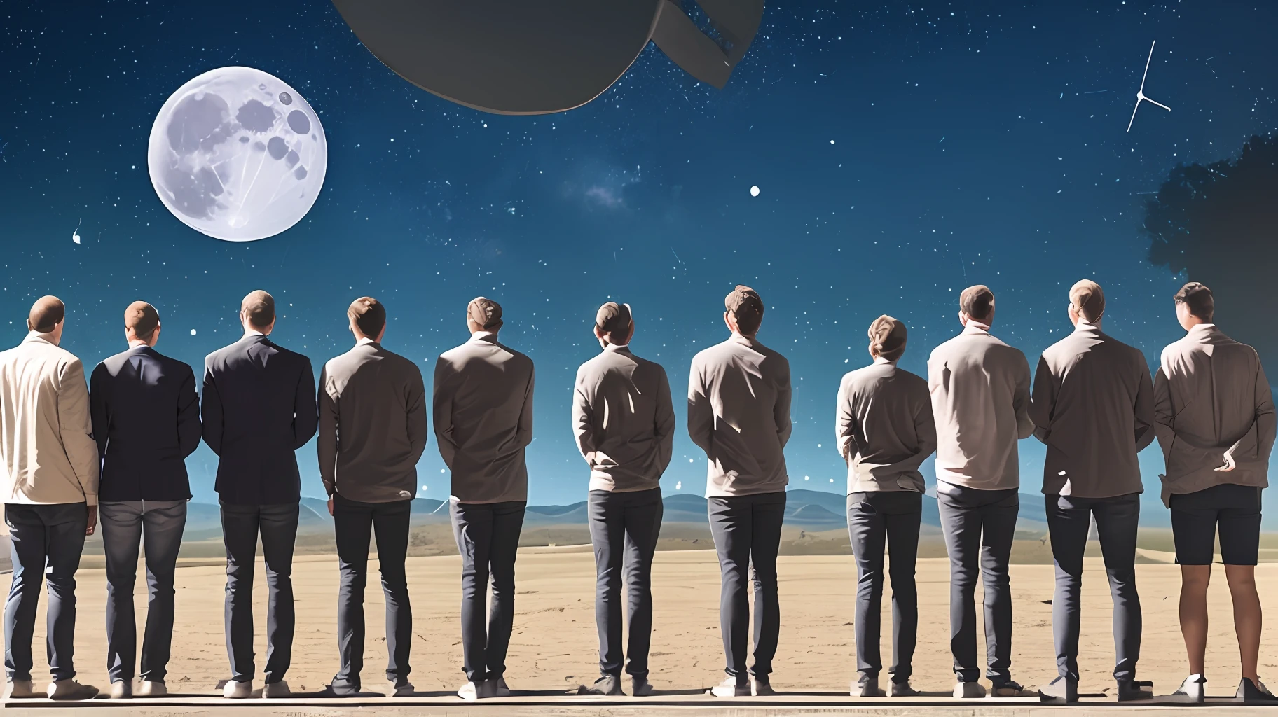 Arafed image of a group of men standing in a line looking at the moon ...