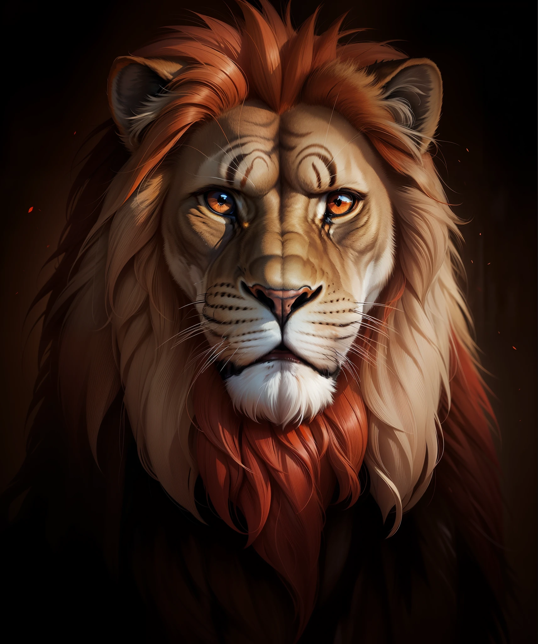 A close up of a lion's face with a red mane - SeaArt AI