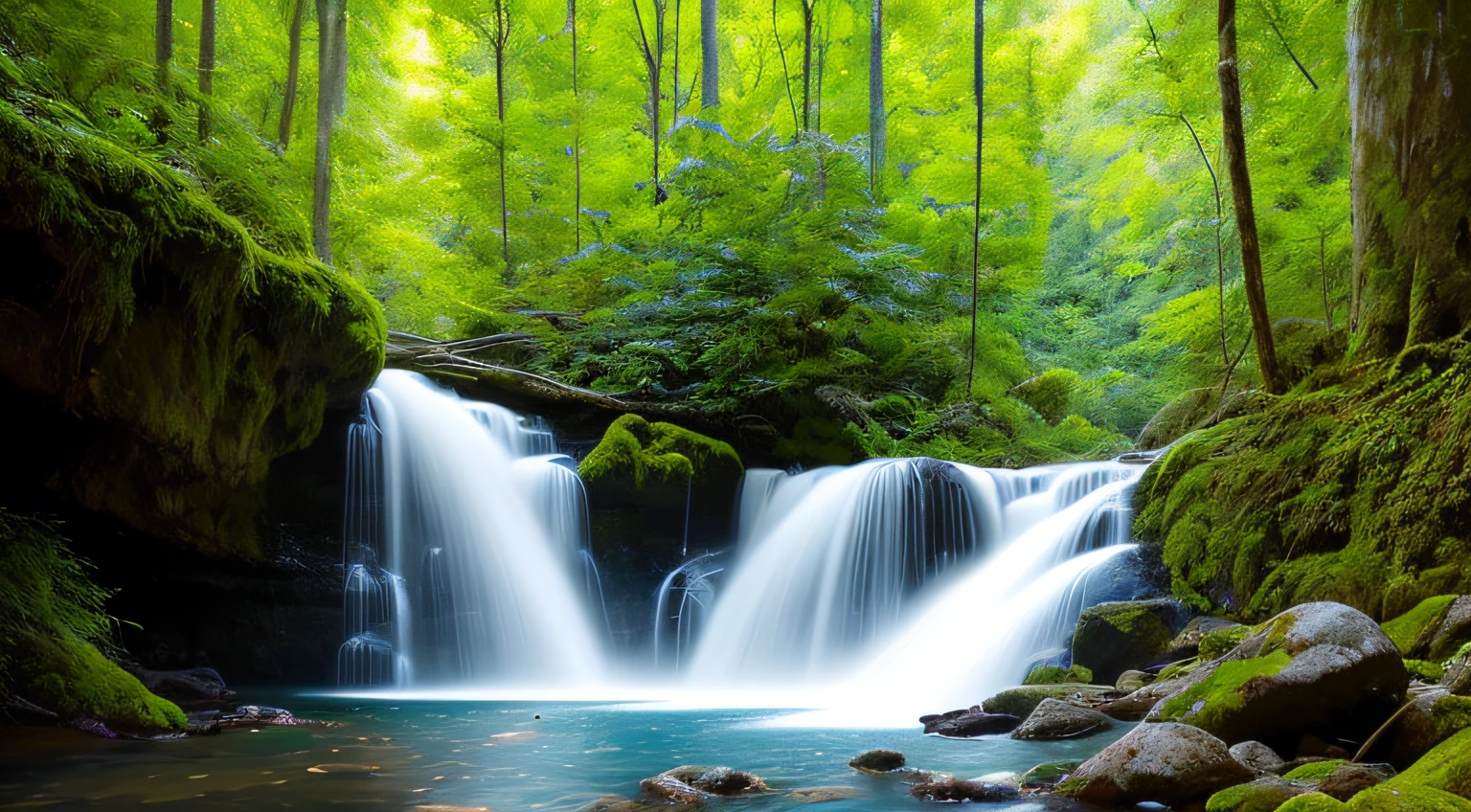 Waterfall in the forest with mossy rocks and green trees - SeaArt AI