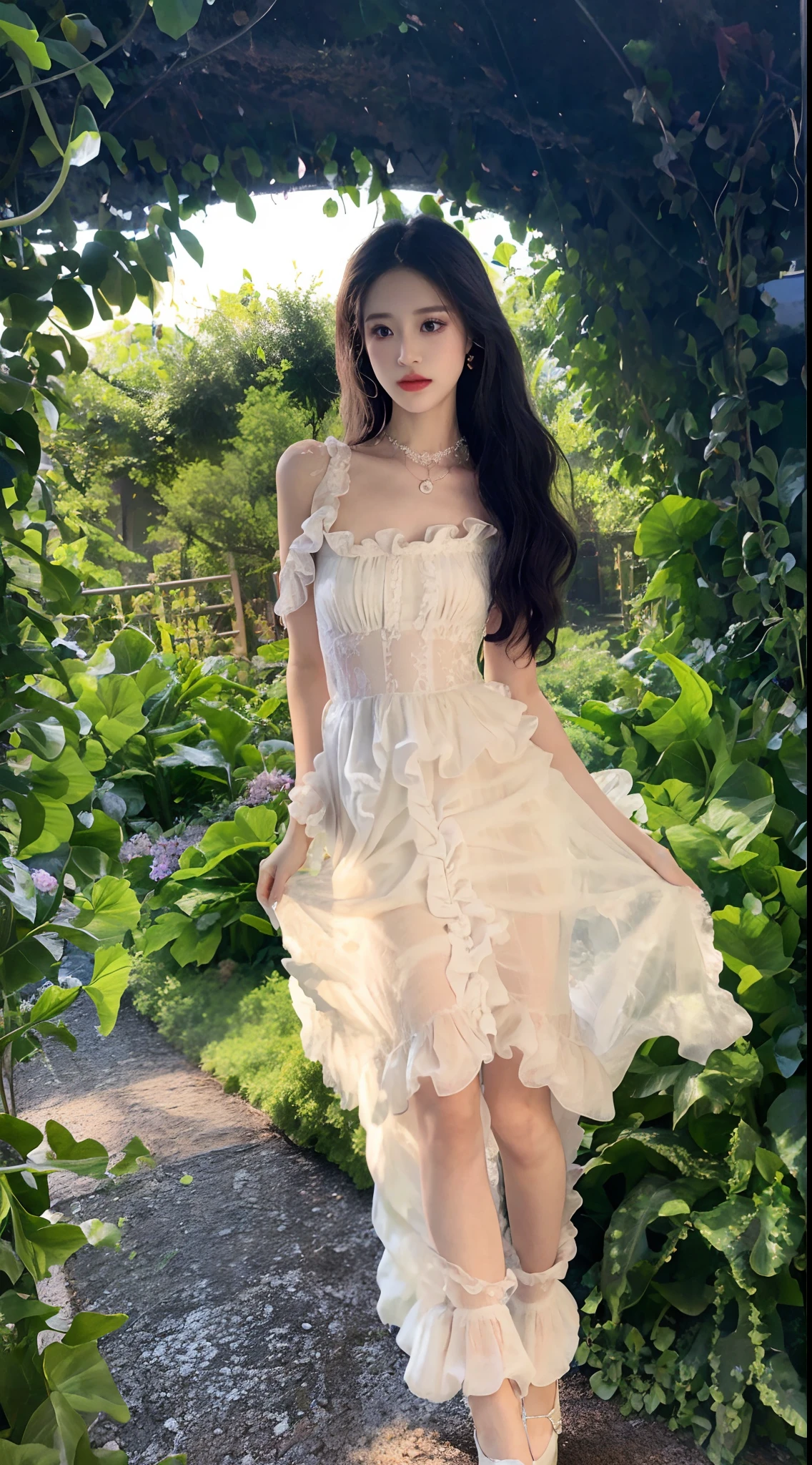 A woman in a white dress standing in a garden - SeaArt AI