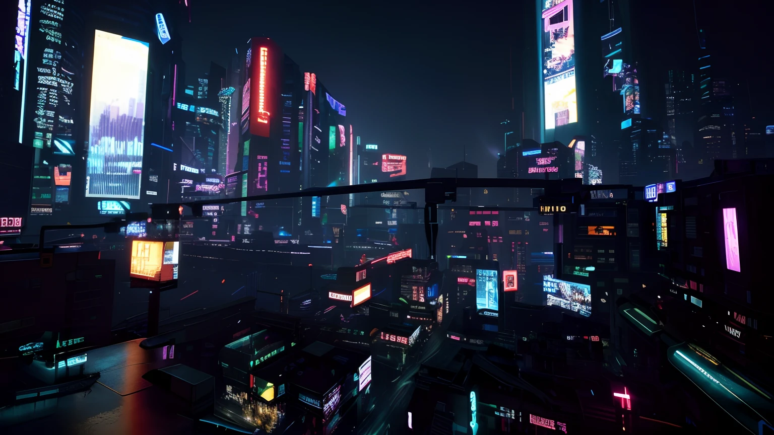 Cyber city at night with neon lights and billboards - SeaArt AI