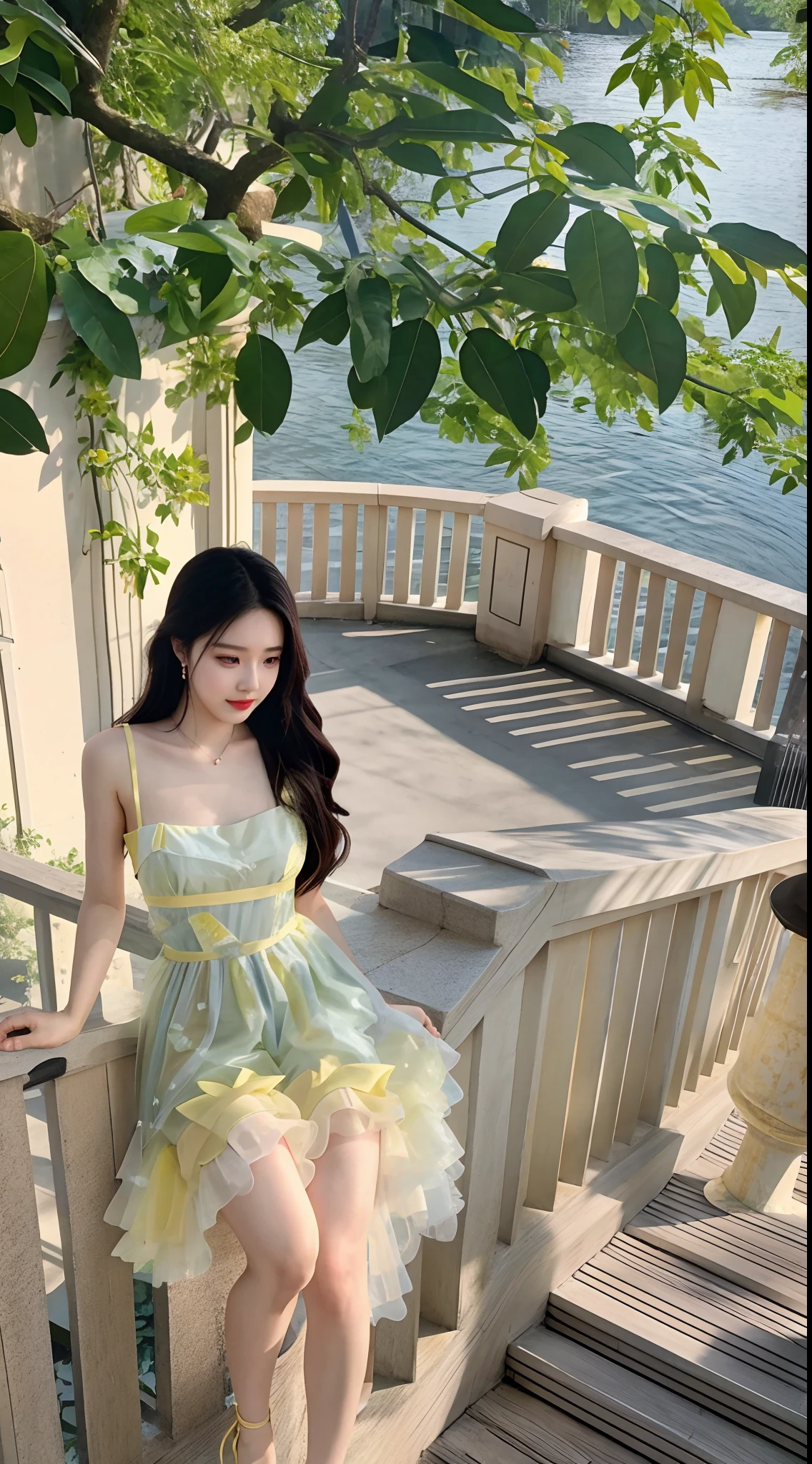 Araffe woman in a yellow dress sitting on a wooden railing - SeaArt AI