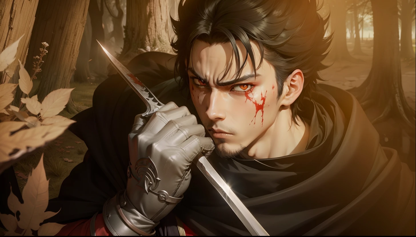 A close up of a person holding a knife in a forest - SeaArt AI