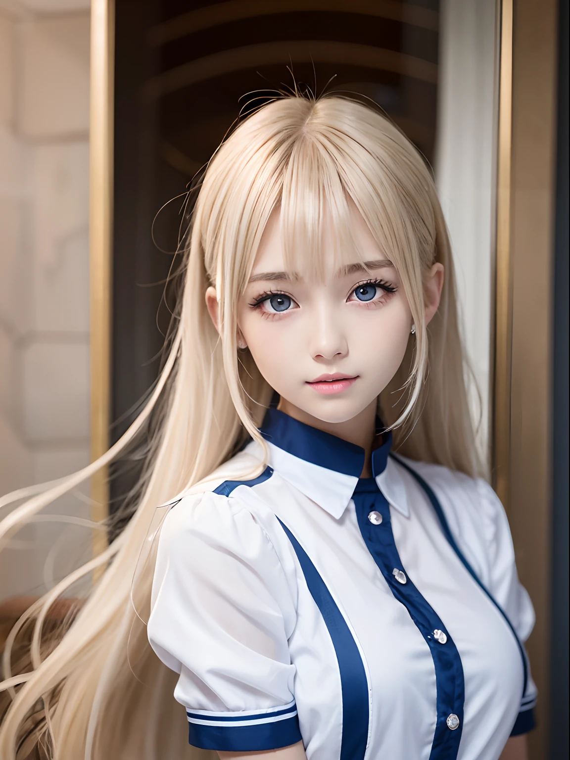 A close up of a woman with long blonde hair wearing a uniform - SeaArt AI