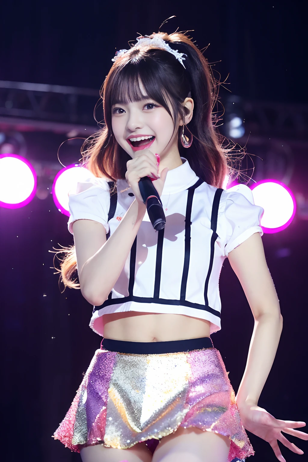 A woman in a short skirt and a white shirt holding a microphone - SeaArt AI