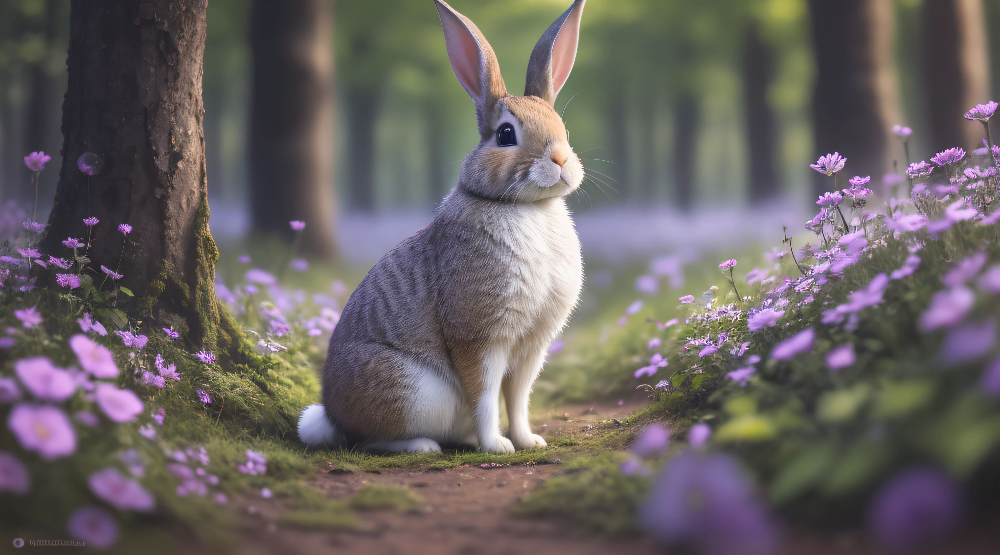A close up of a rabbit sitting in a field of flowers - SeaArt AI