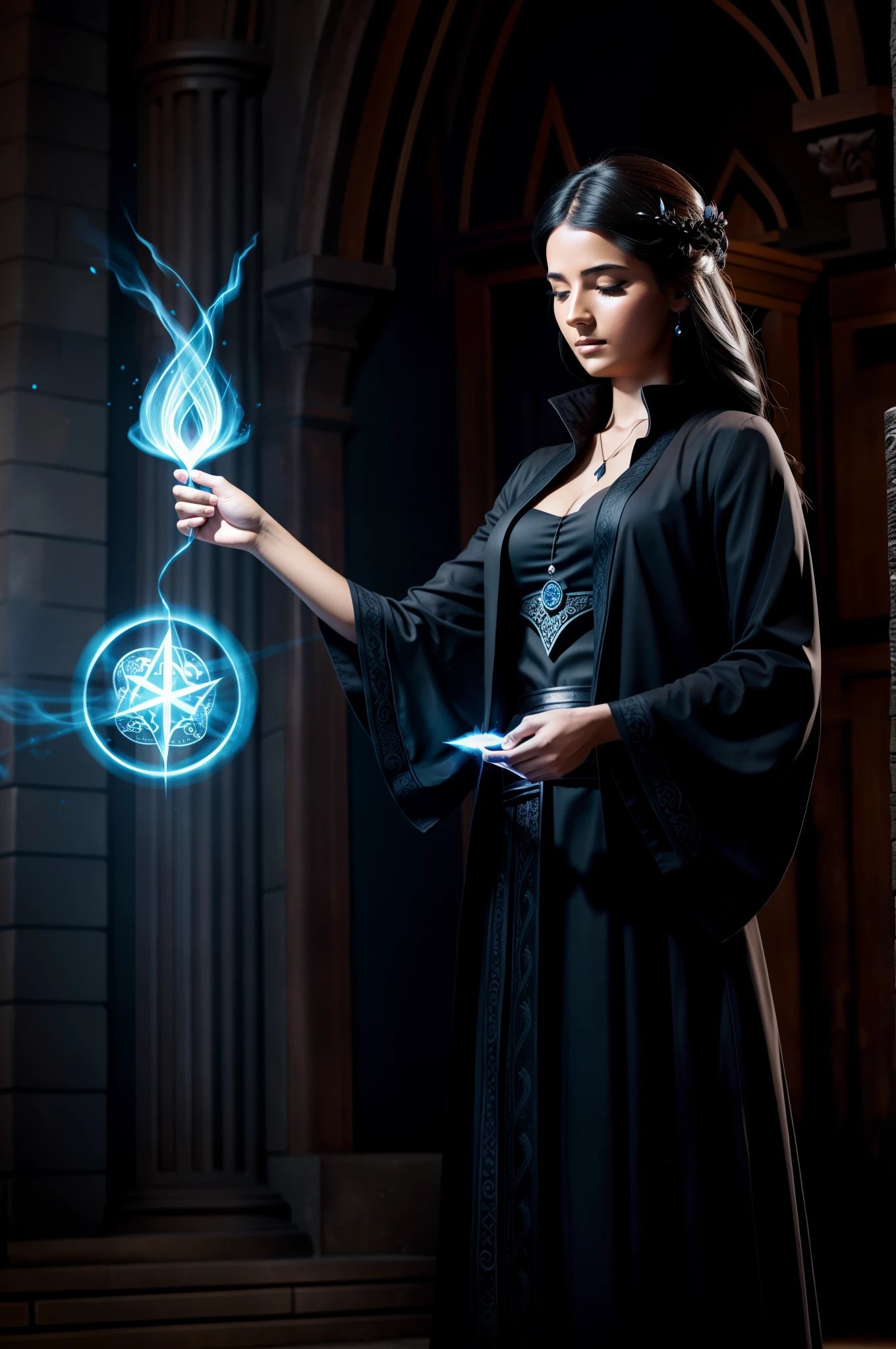 A woman in a black robe holding a magic wand and a glowing orb - SeaArt AI