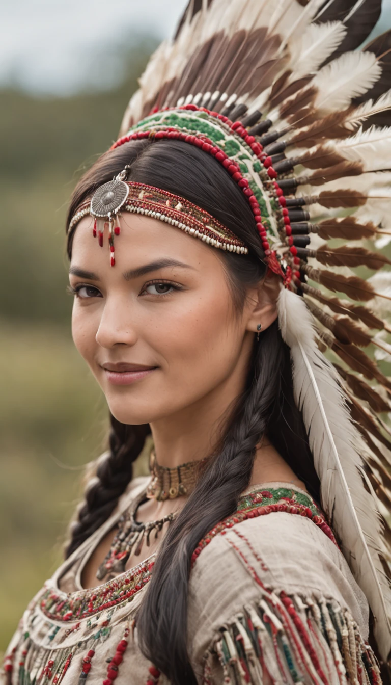 A woman in a native american headdress poses for a photo - SeaArt AI
