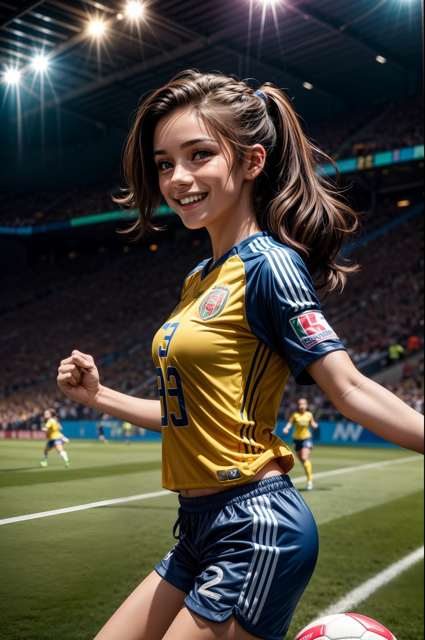 Araffe woman in a yellow and blue uniform kicking a soccer ball - SeaArt AI