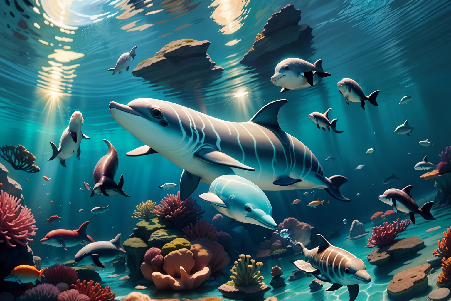 Dolphins and other fish swimming in a large aquarium with sun shining ...