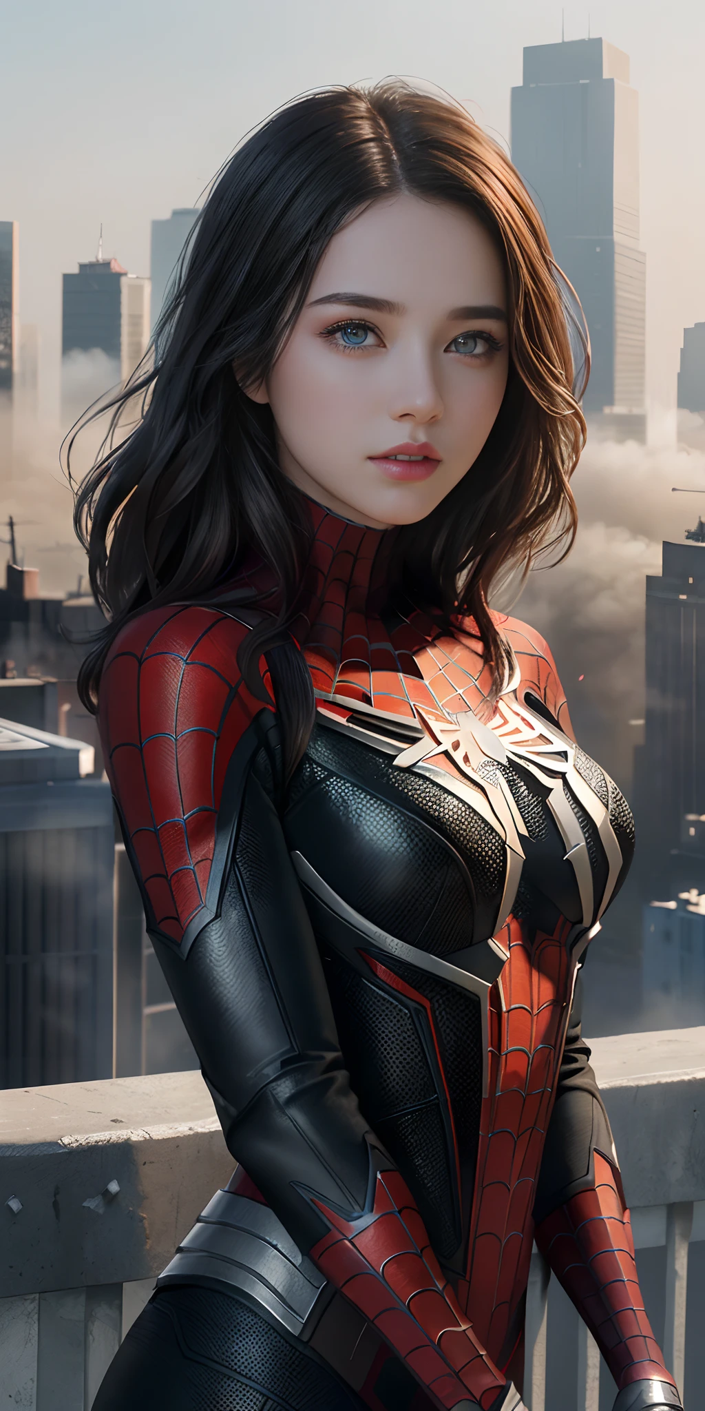 A woman in a spider - man suit standing on a ledge - SeaArt AI