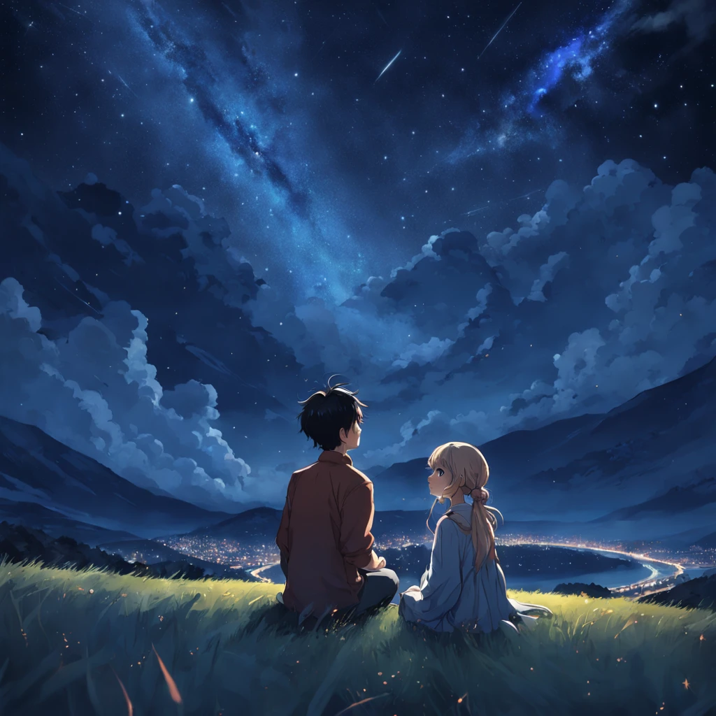 Two people sitting on a hill looking at the stars - SeaArt AI