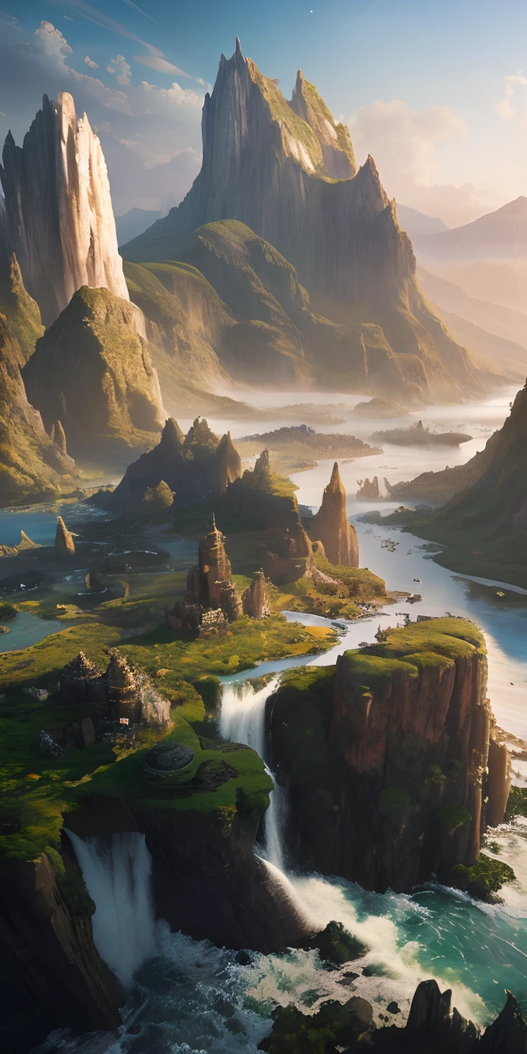 A view of a mountain with a river and a waterfall - SeaArt AI