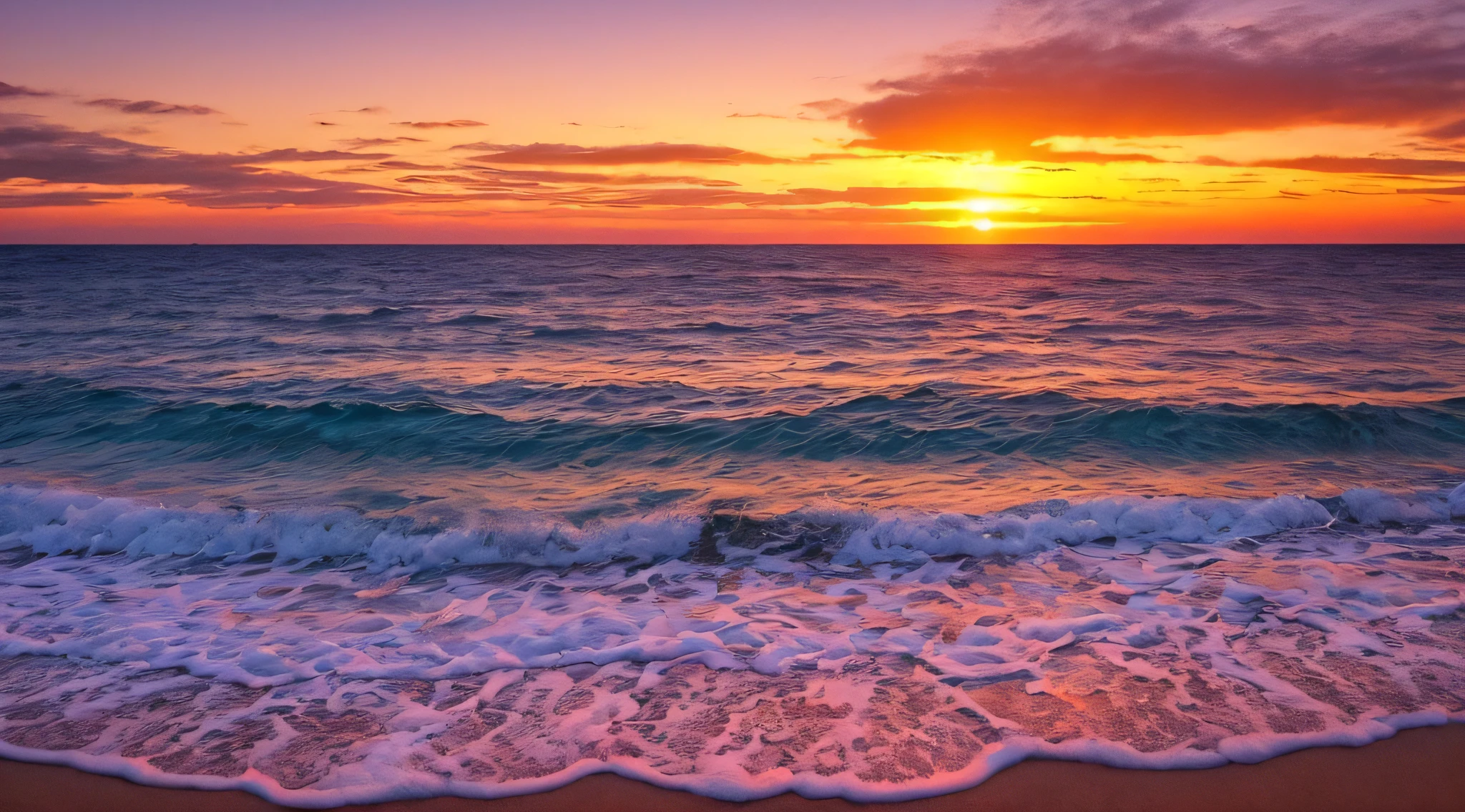 Sunset over the ocean with waves crashing on the beach - SeaArt AI