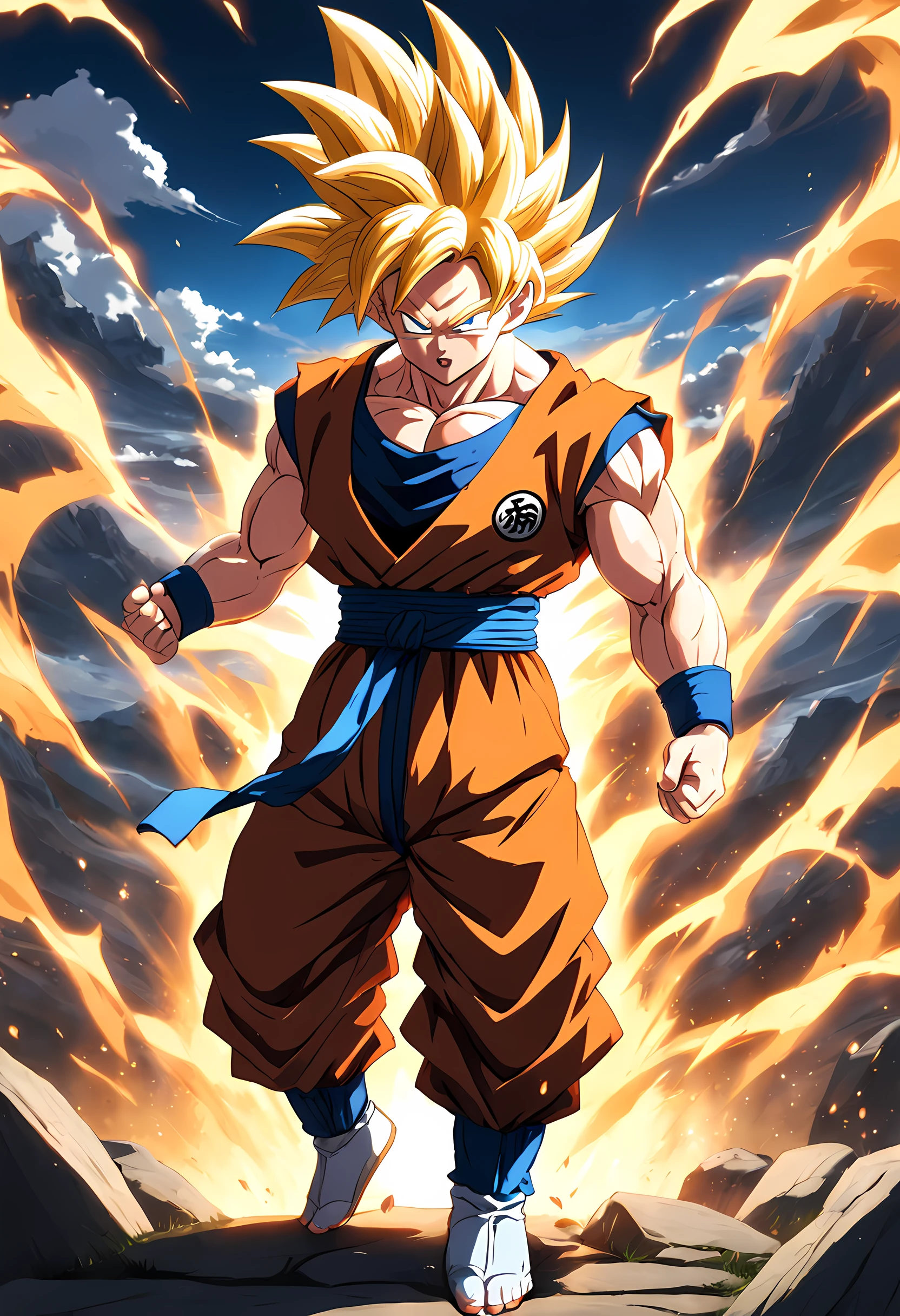 A cartoon of gohan with a flame in the background - SeaArt AI