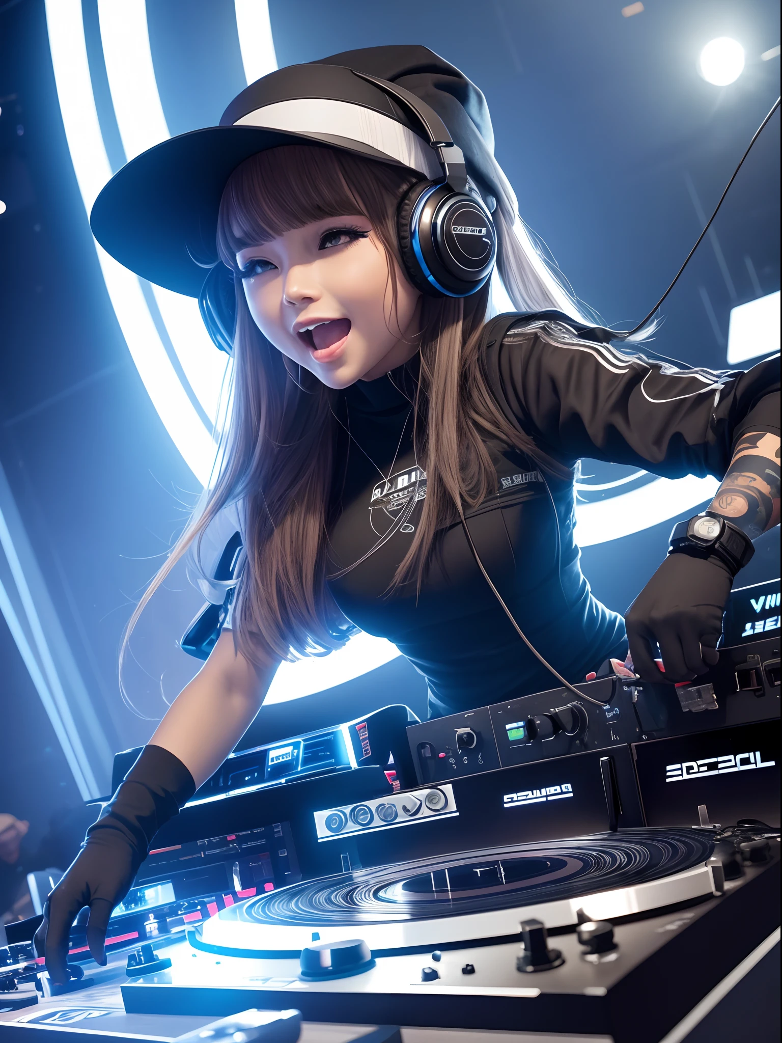 Arafed woman in a black top and headphones playing a dj - SeaArt AI