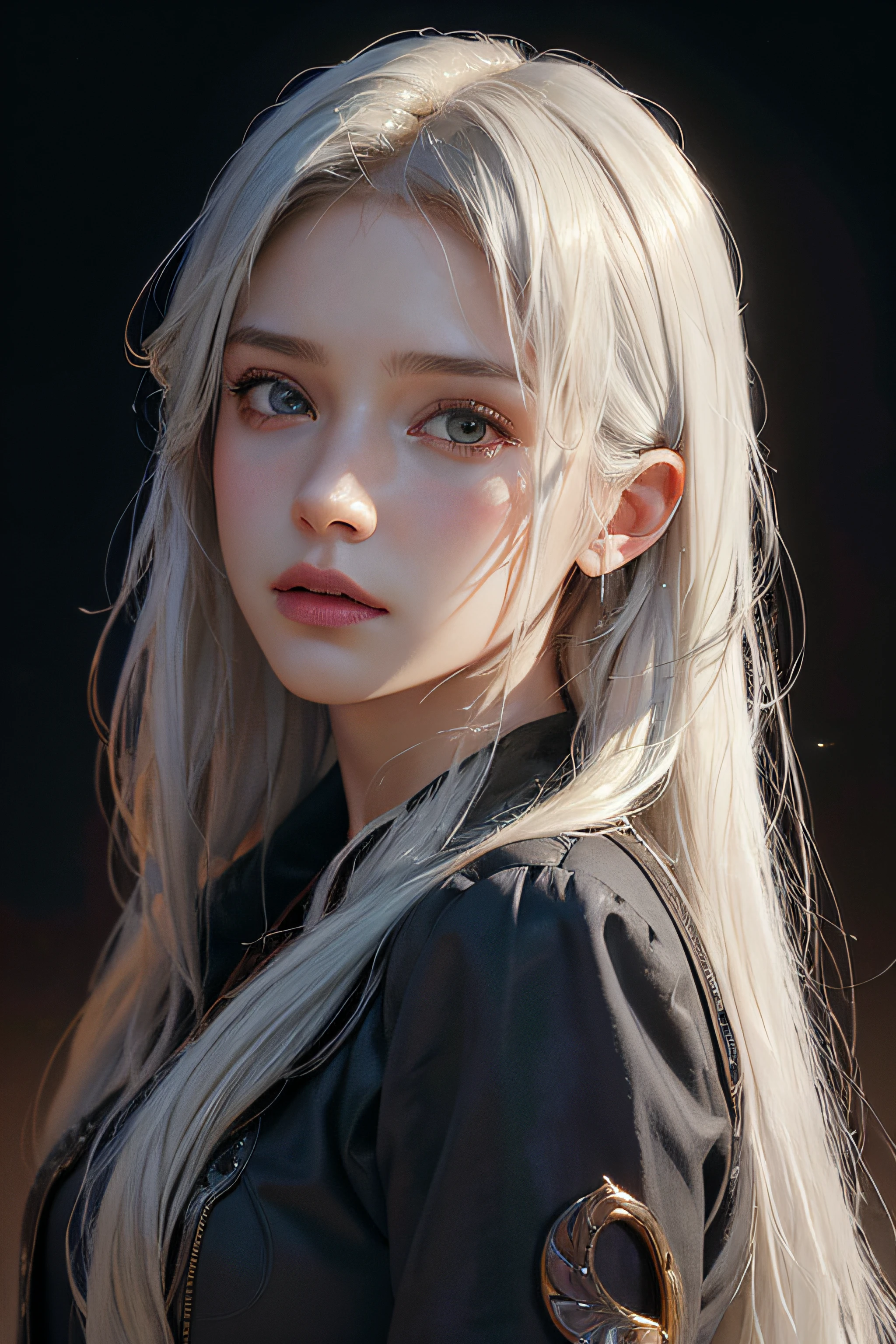 A close up of a woman with long white hair and a black jacket - SeaArt AI