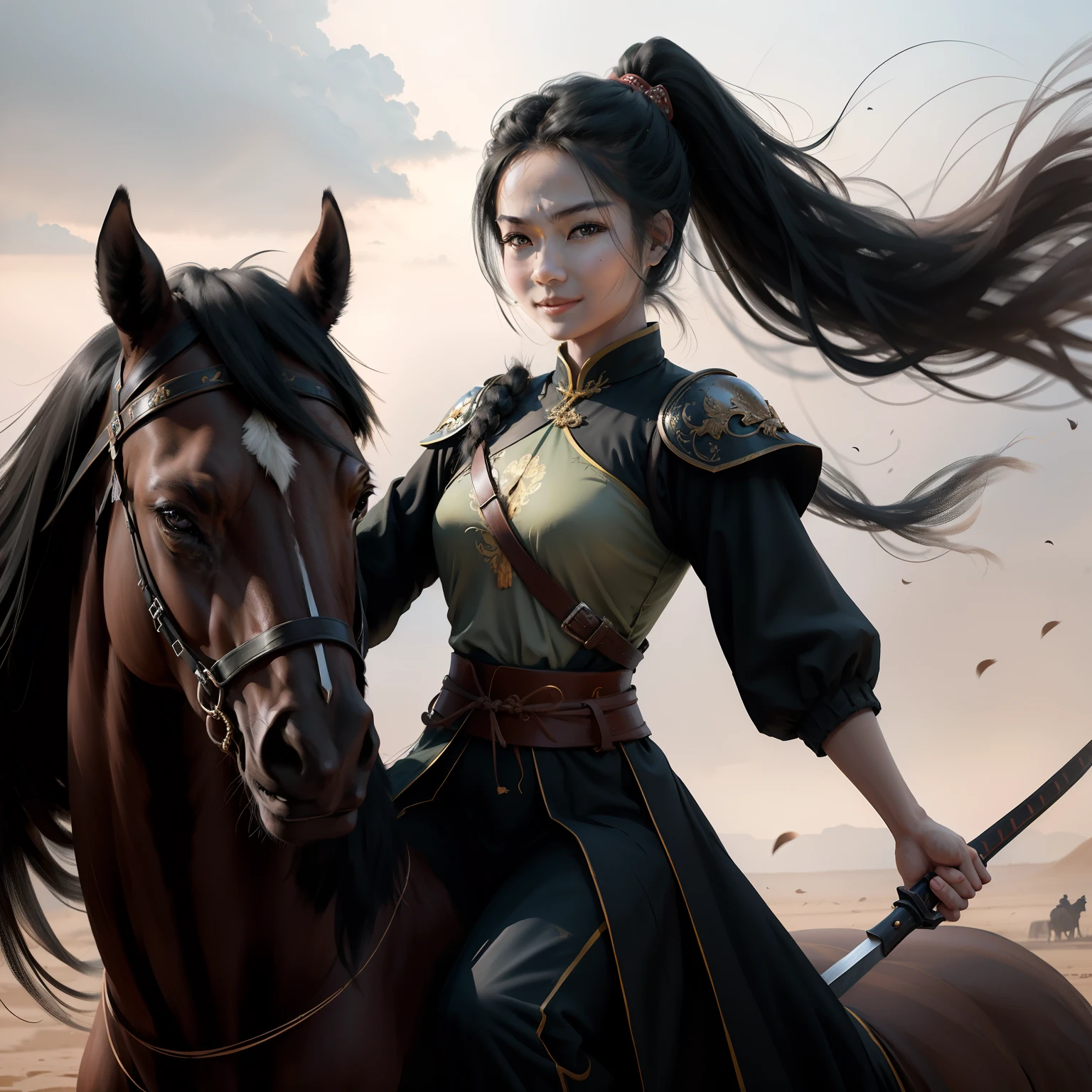 Arafed woman riding a horse in a desert with a sword - SeaArt AI