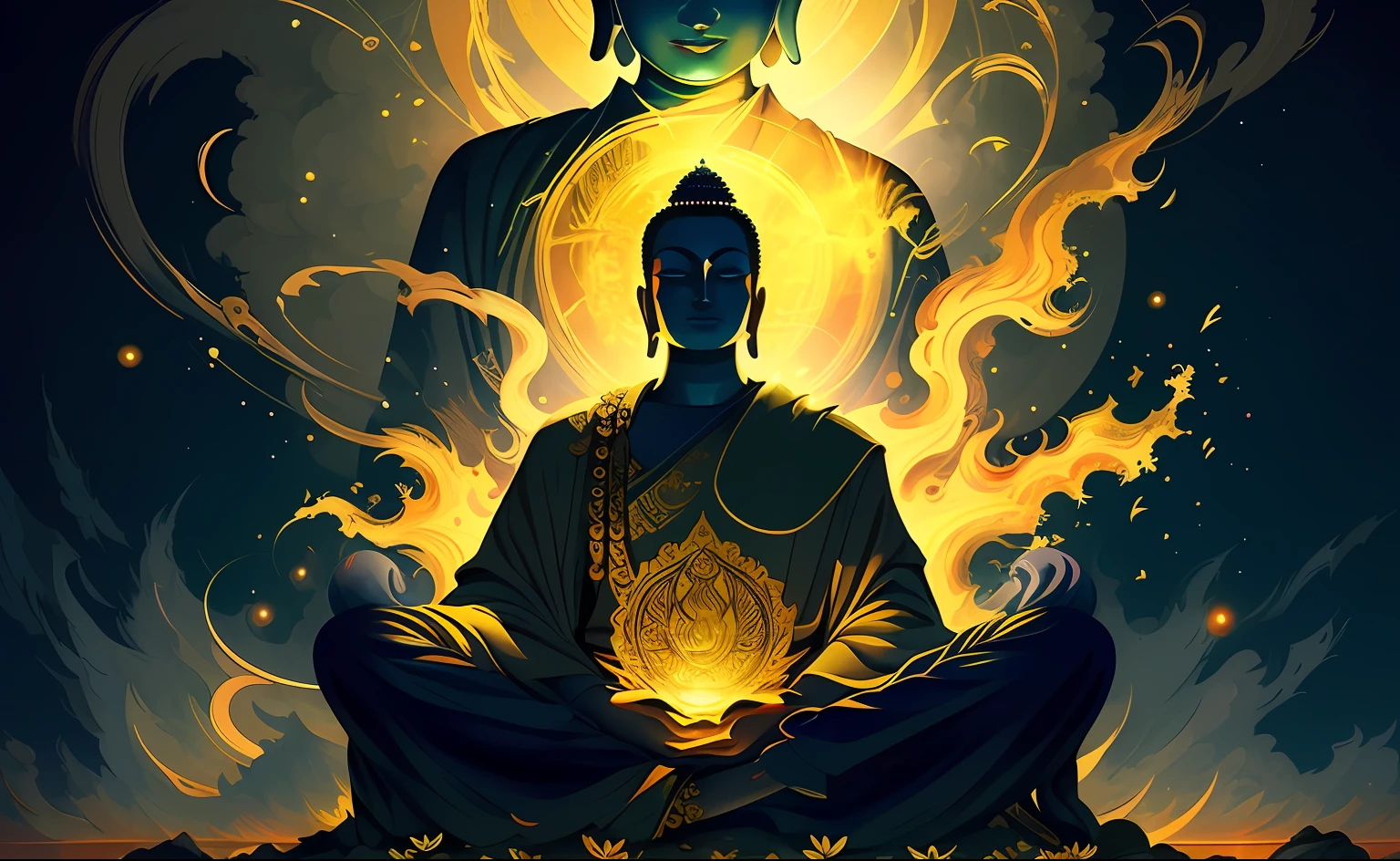 Buddha and fire in the sky - SeaArt AI