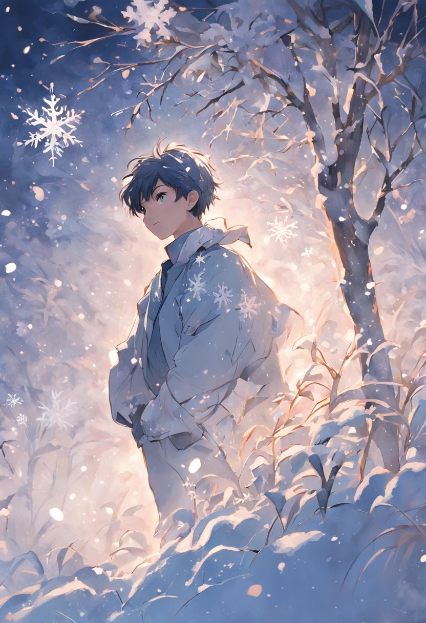 Anime boy in winter scene with snowflakes and trees - SeaArt AI
