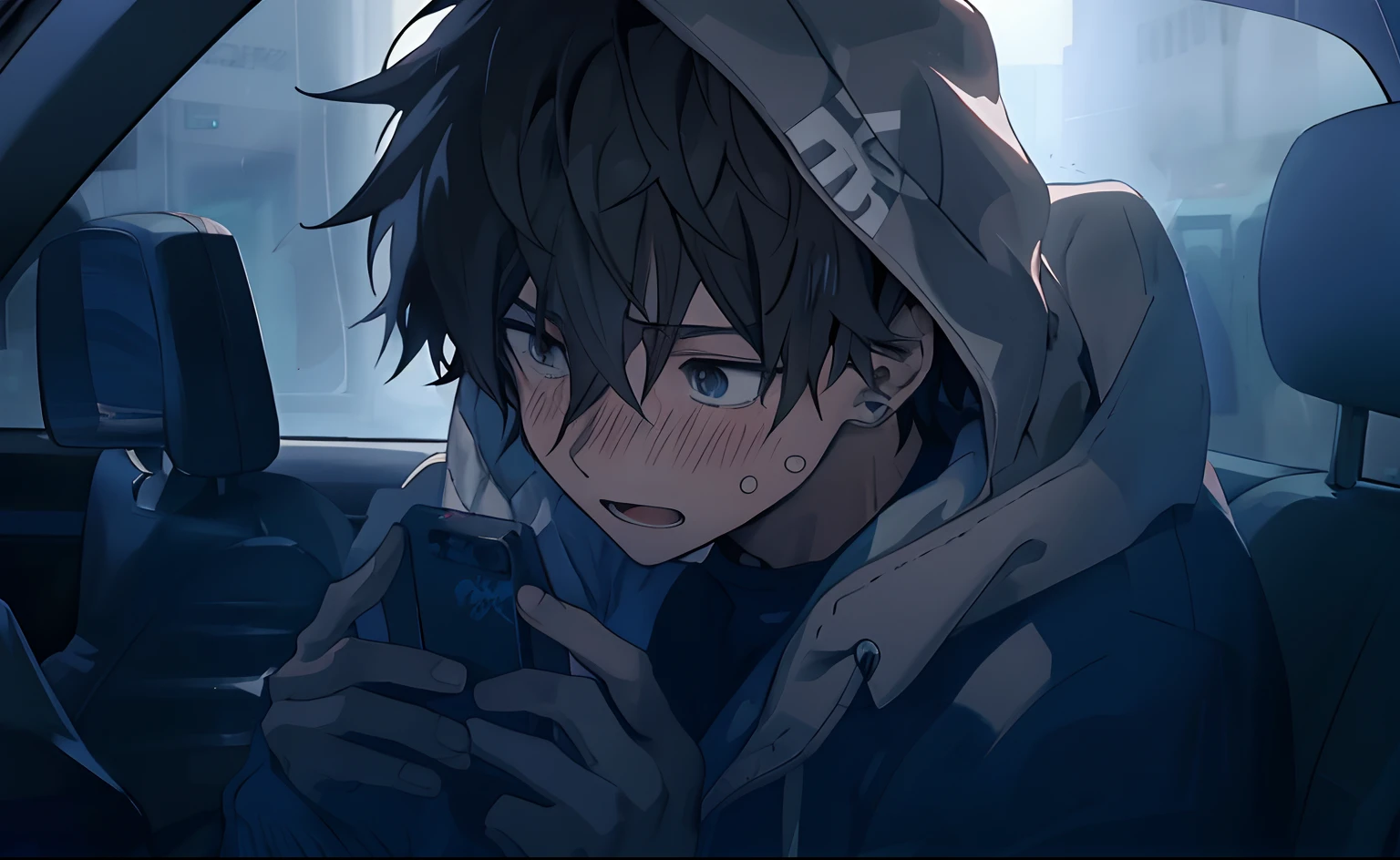Anime boy in car with hoodie on looking at cell phone - SeaArt AI