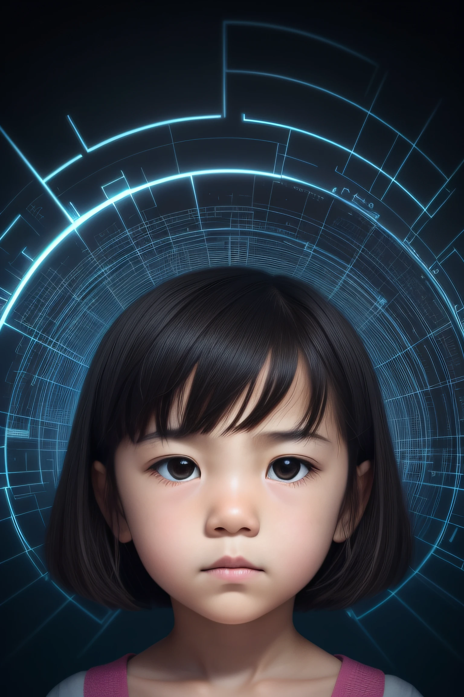 A close up of a child with a futuristic head and a blue light - SeaArt AI